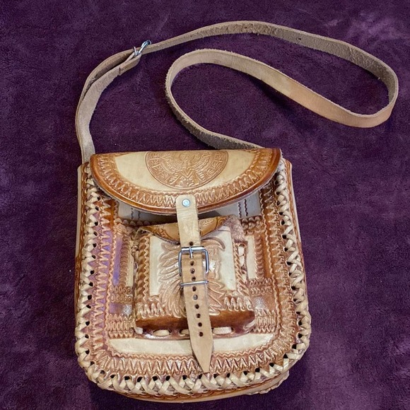Bags | Vintage Mexican Hand Tooled Leather Aztec Mayan Design Shoulder ...